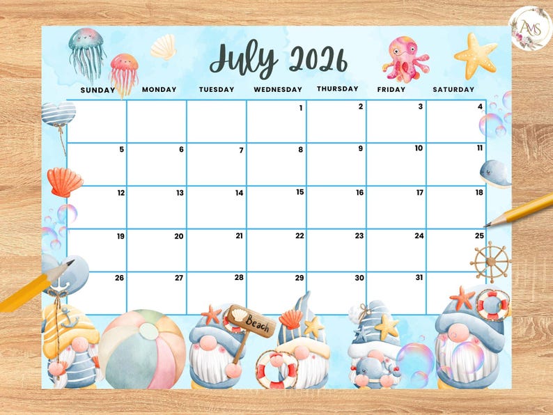 Editable July 2026 Calendar, Nautical Beach Gnome Theme Ocean Summer ...