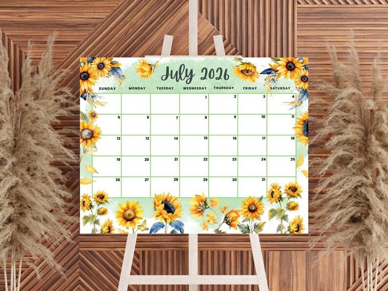 Editable July 2026 Calendar, Beautiful Sunflower Summer Planner ...