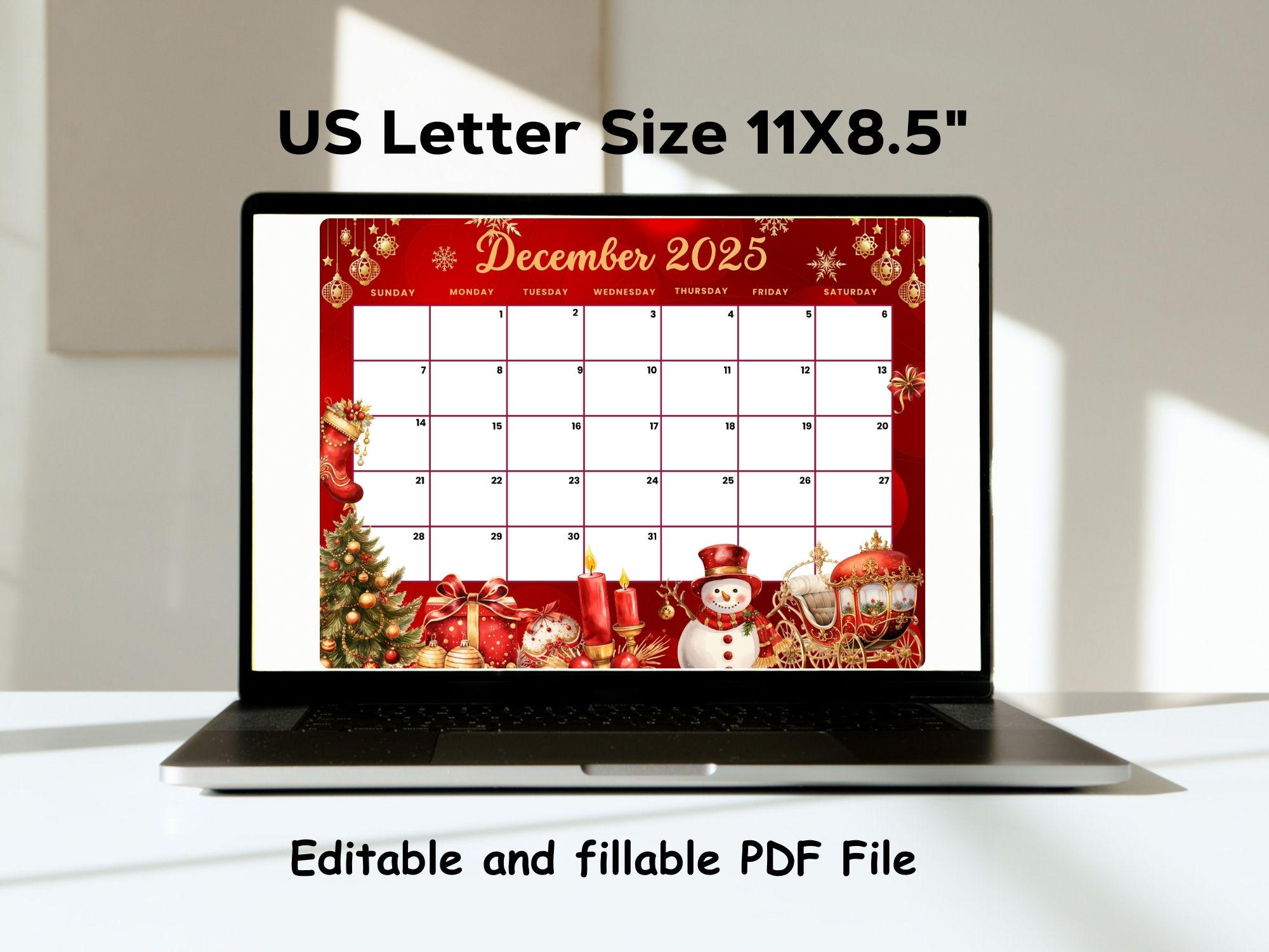 EDITABLE December 2025 Red Golden Christmas Calendar With Snowman, Tree ...
