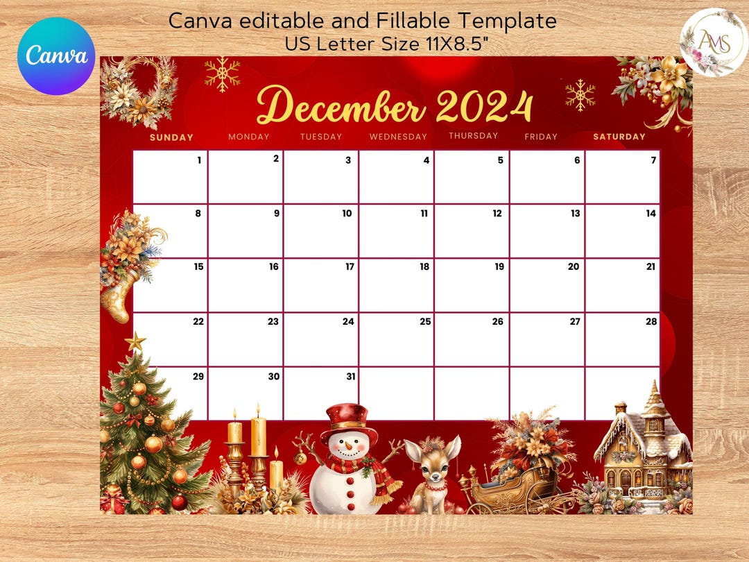 EDITABLE December 2024 Red Golden Christmas Calendar With Snowman, Tree ...
