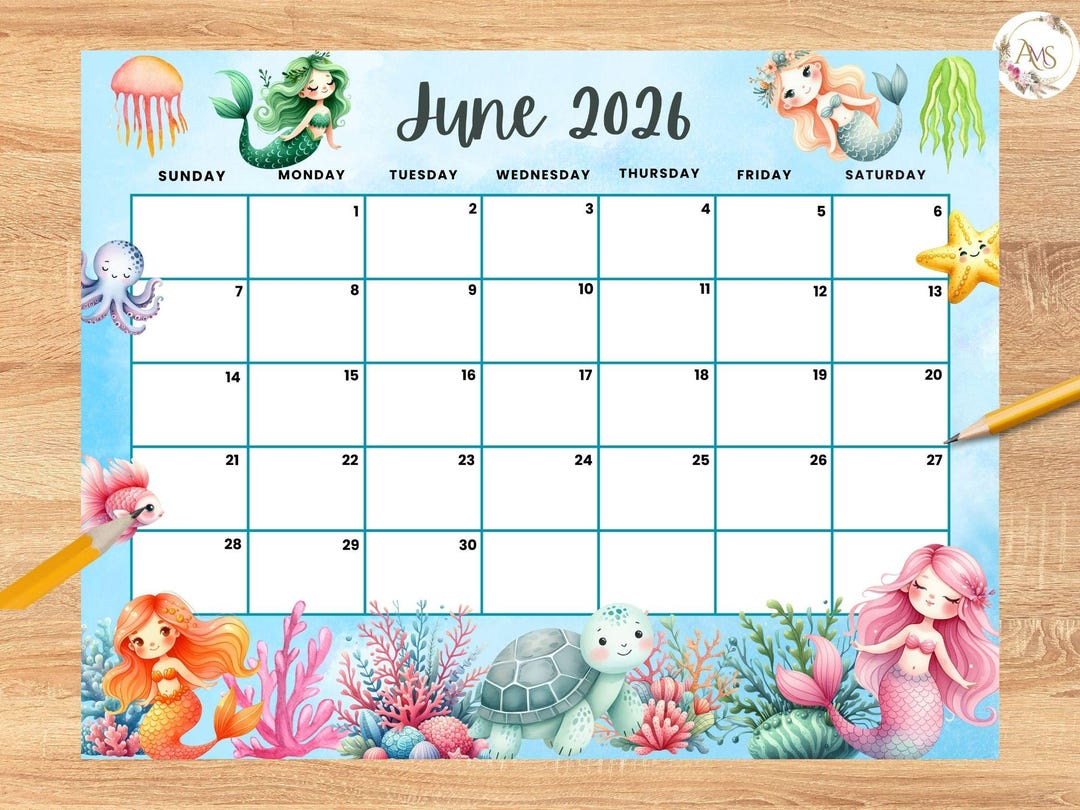 June 2026 Mermaid Calendar, Editable Monthly Planner (PDF, JPG) - Etsy