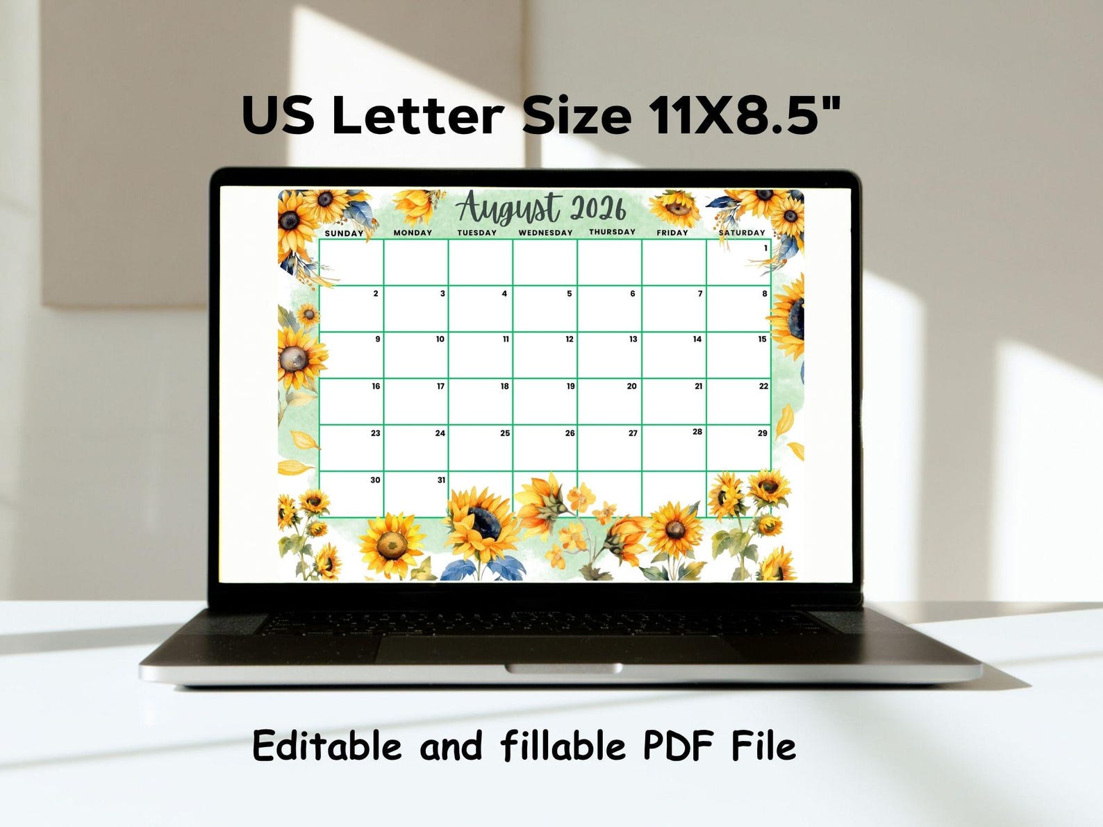 Editable August 2026 Calendar, Beautiful Sunflower Summer Planner ...