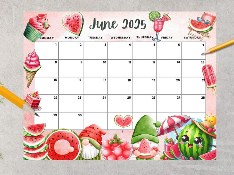 Editable June 2025 Calendar, Adorable and Refreshing Watermelon Summer ...