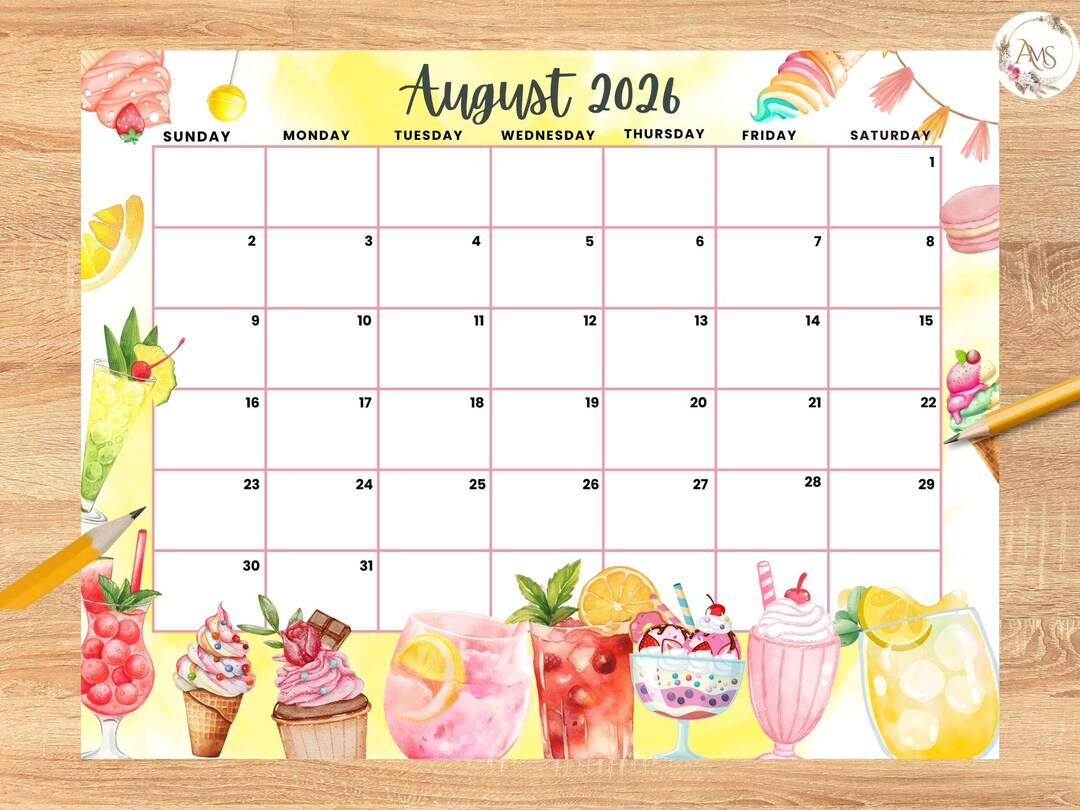 Editable August 2026 Calendar, Cute Colorful Summer Planner With Drinks ...
