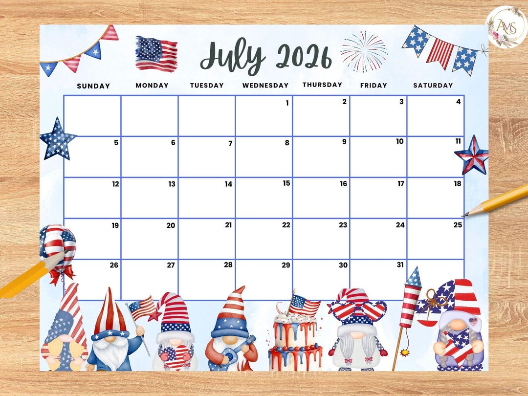 Editable July 2026 Calendar, Independence Day With Adorable Gnomes ...