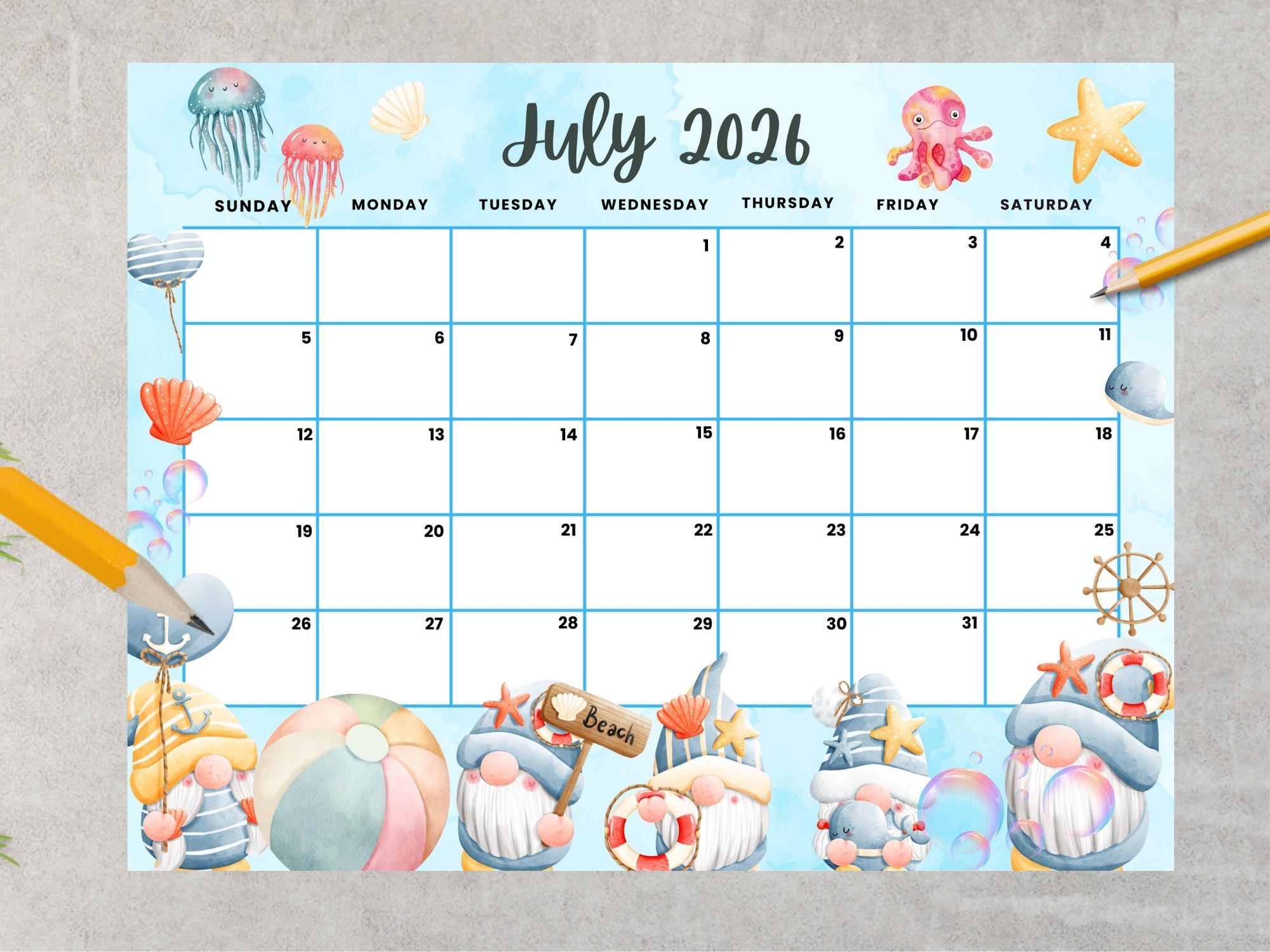 Editable July 2026 Calendar, Nautical Beach Gnome Theme Ocean Summer ...
