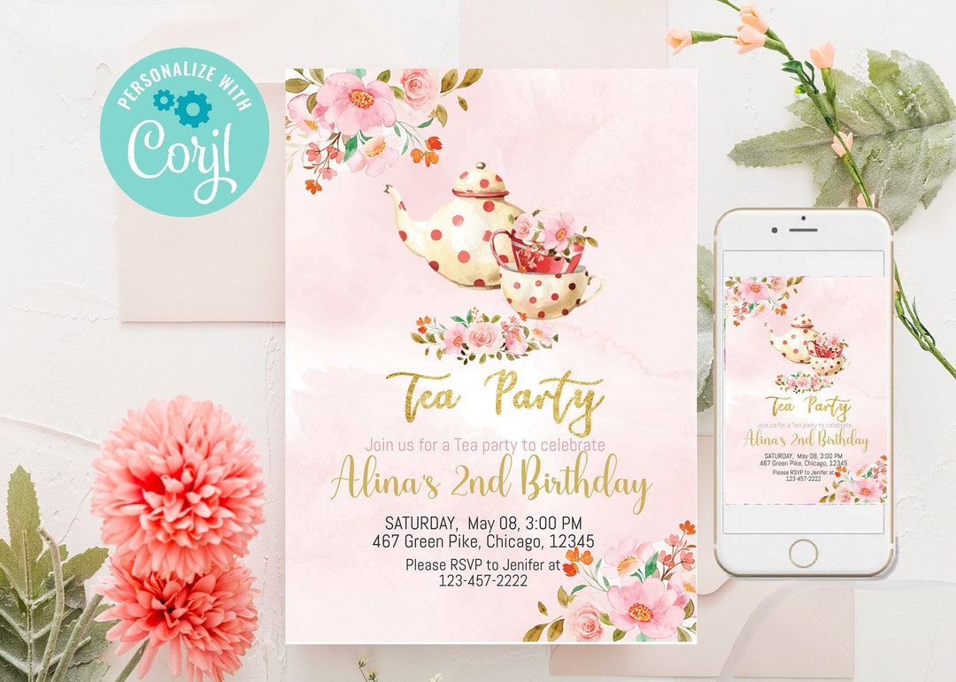 Editable Tea Birthday Invitation Girl Tea Party Invite Pink Gold Floral ...