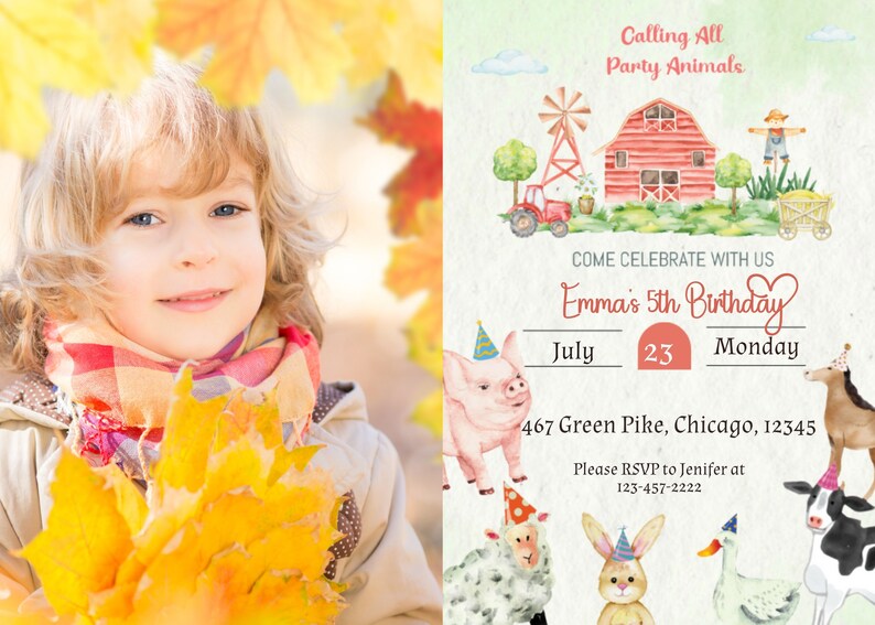 Farm Animals Photo Invitation Party Invite Birthday Invite Editable ...