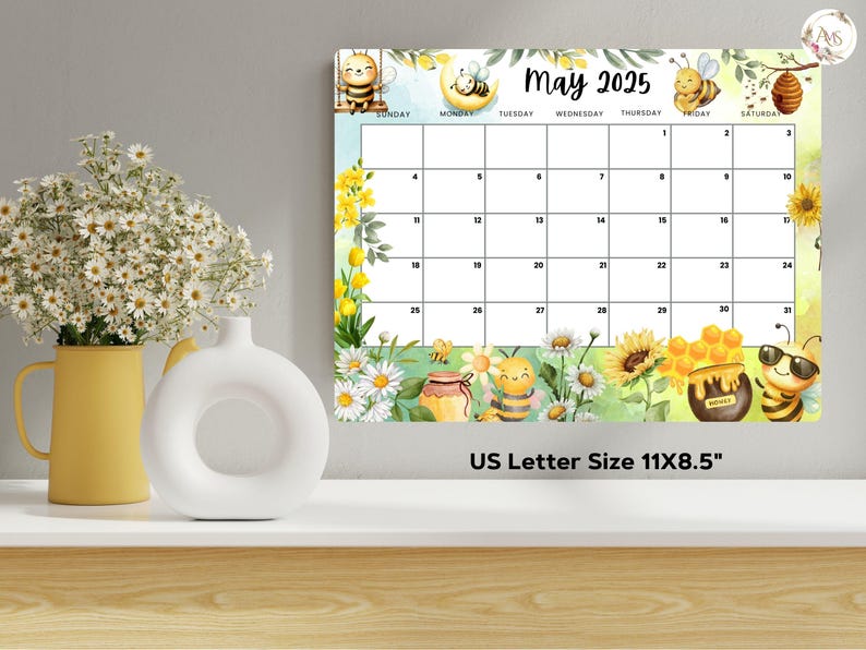 Editable May 2025 Calendar,hello Spring With Cute Honey Bees, Mother's ...