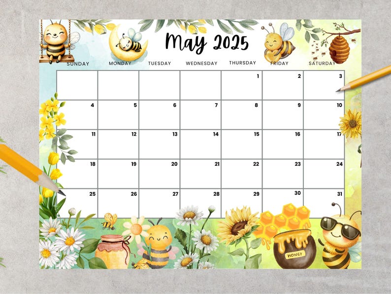 Editable May 2025 Calendar,hello Spring With Cute Honey Bees, Mother's ...
