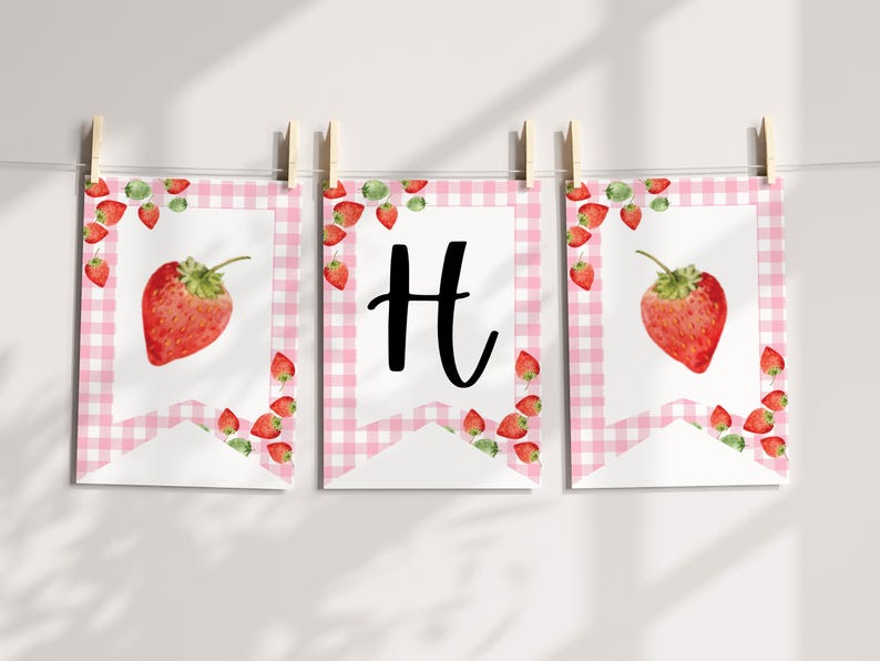 Editable Pink Gingham Berry First Happy Birthday Banner, Strawberry ...