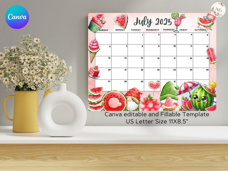 Editable July 2025 Calendar, Adorable and Refreshing Watermelon Summer ...