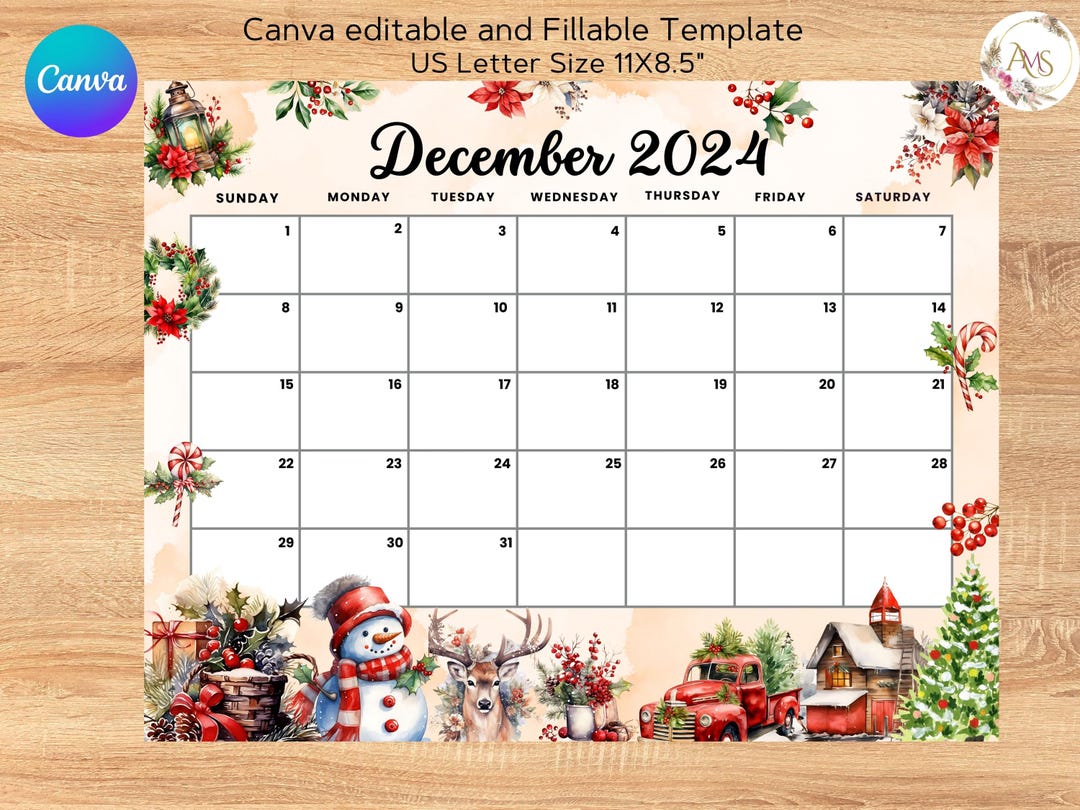 EDITABLE December 2024 Christmas Theme Calendar With Snowman, Christmas ...