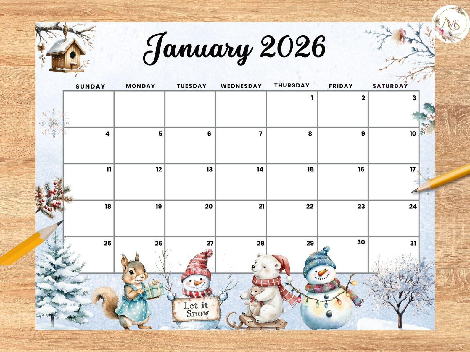 EDITABLE Fillable January 2026 Calendar, Winter Snowman Planner ...
