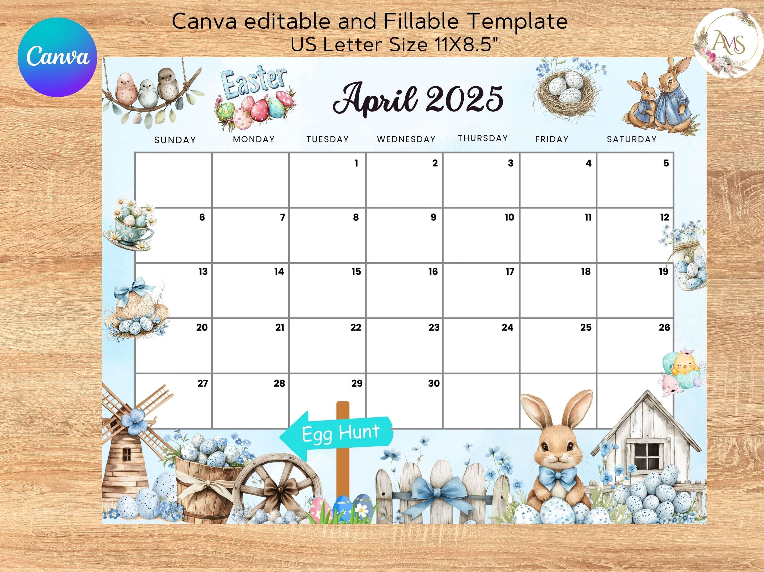 April 2025 Calendar, Happy Easter With Cute Bunny, Printable Planner ...