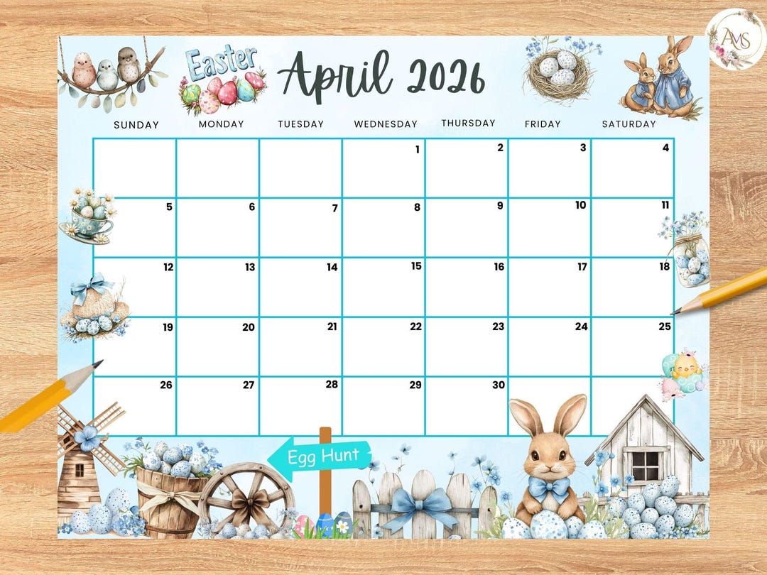Editable Easter Bunny April 2026 Calendar, Printable Planner (PDF, JPG ...
