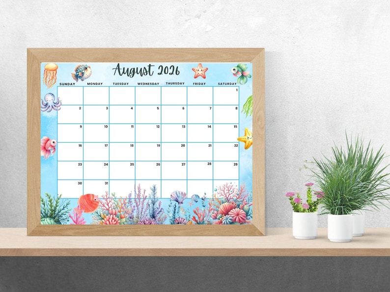 August 2026 Calendar, Cute Ocean Creatures Planner (editable, Printable ...