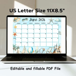 Editable June 2026 Calendar, Nautical Beach Theme Ocean Summer Planner ...