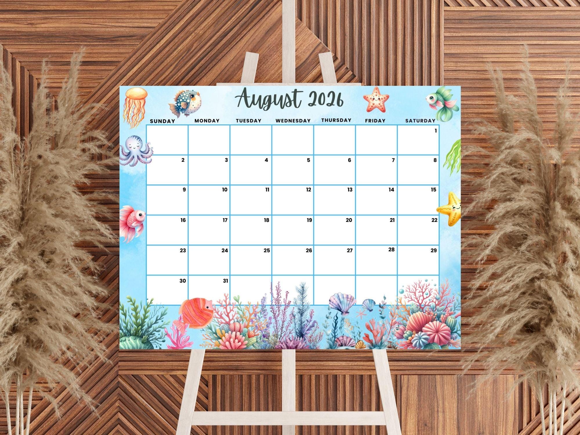 August 2026 Calendar, Cute Ocean Creatures Planner (editable, Printable ...