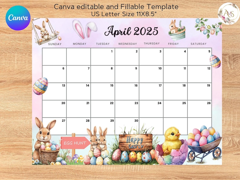 April 2025 Calendar, Happy Easter With Cute Bunny, Printable Planner ...