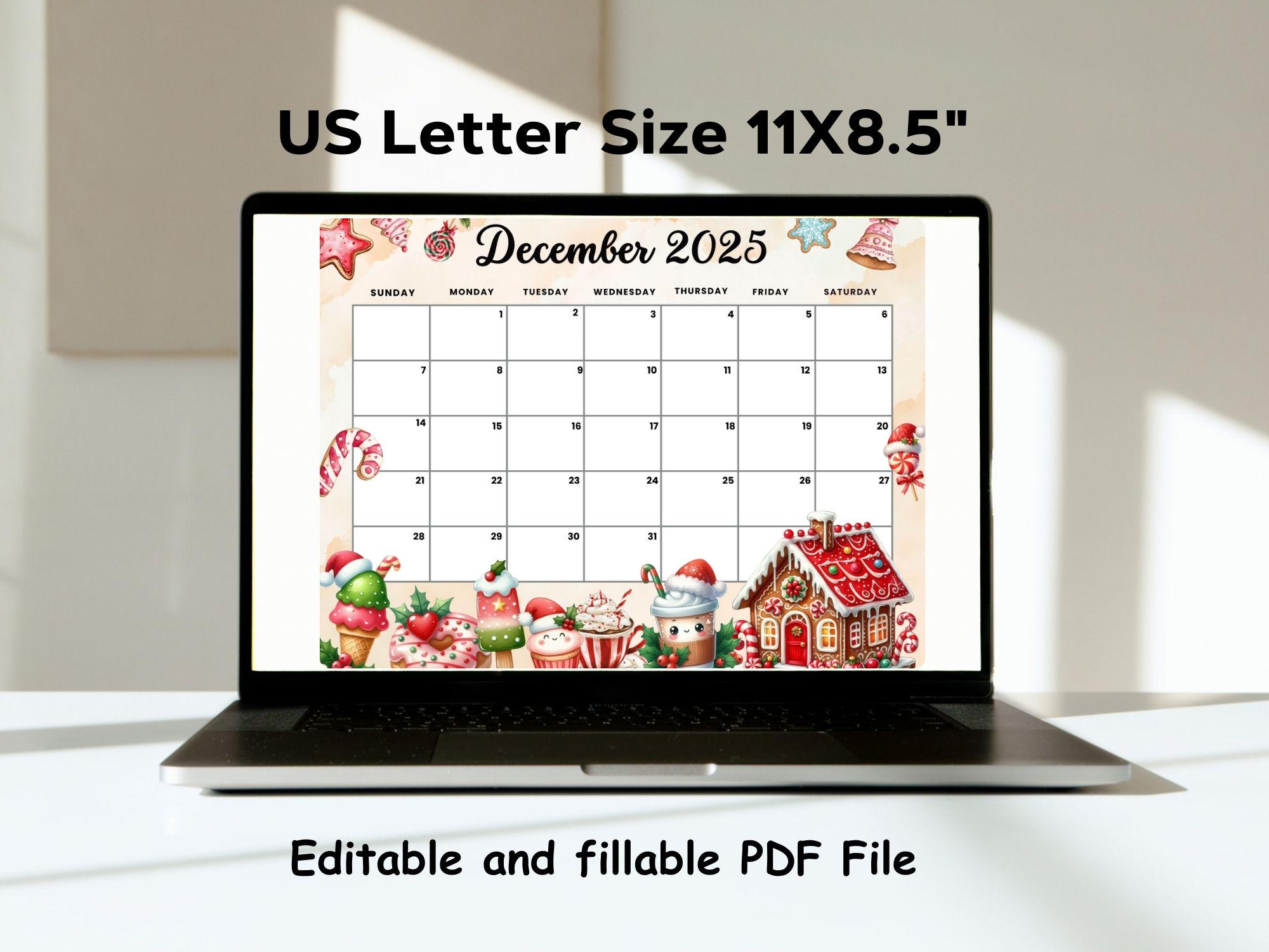EDITABLE December 2025 Christmas Calendar With Sweets, Drink, Candy ...