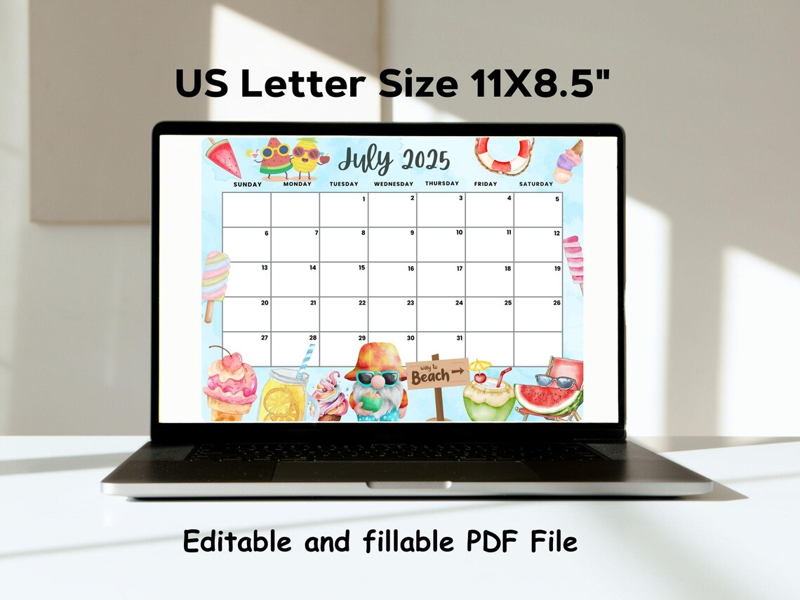 Editable July 2025 Calendar, Cute June Planner With Tropical & Beach ...