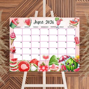 Editable June 2026 Calendar, Adorable and Refreshing Watermelon Summer ...