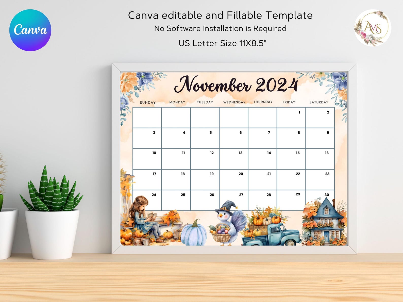 EDITABLE November 2024 Calendar, Happy Thanksgiving Beautiful Planner ...