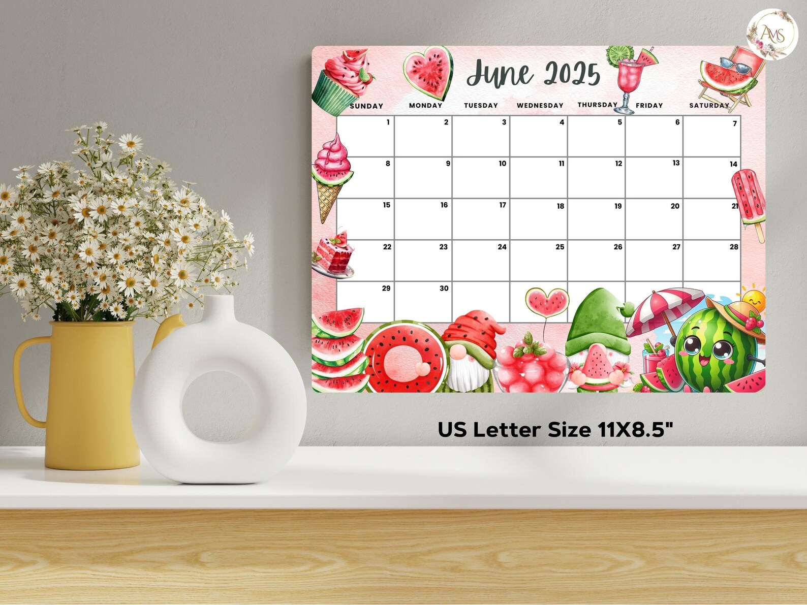 Editable June 2025 Calendar, Adorable and Refreshing Watermelon Summer ...