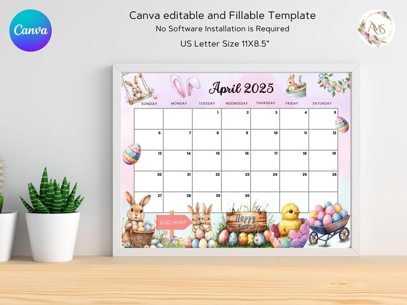 April 2025 Calendar, Happy Easter With Cute Bunny, Printable Planner ...