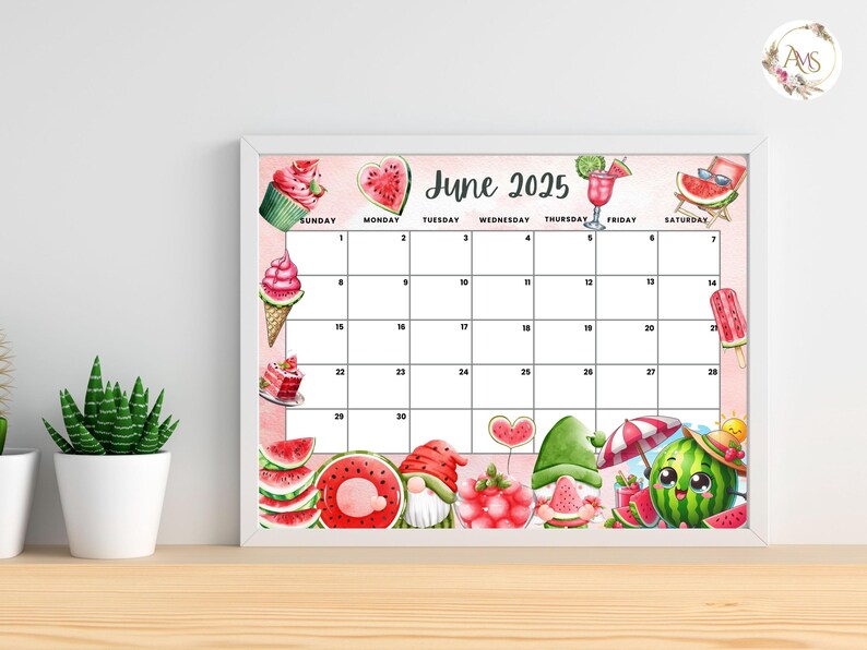 Editable June 2025 Calendar, Adorable and Refreshing Watermelon Summer ...