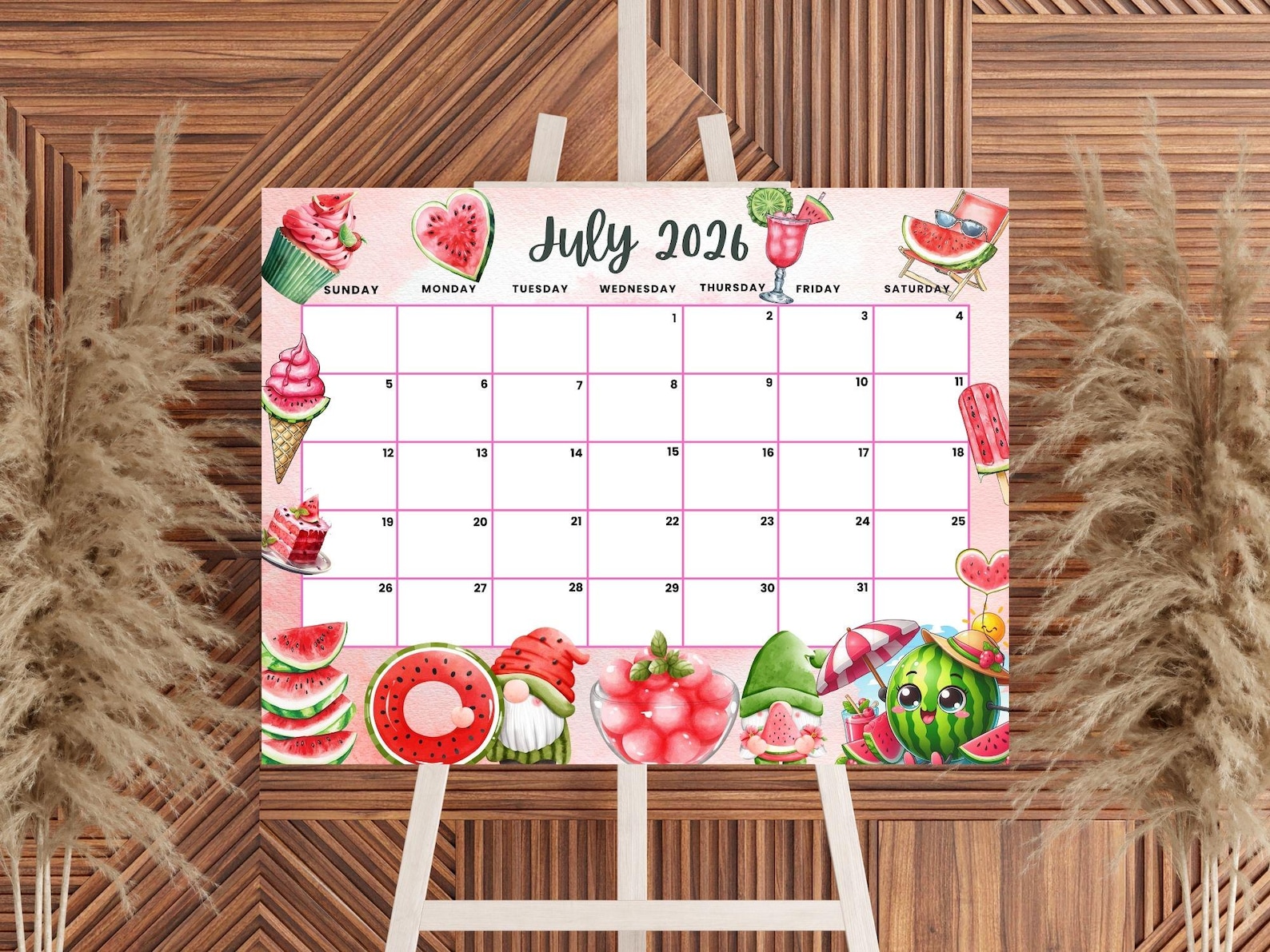 Editable July 2026 Calendar, Adorable and Refreshing Watermelon Summer ...