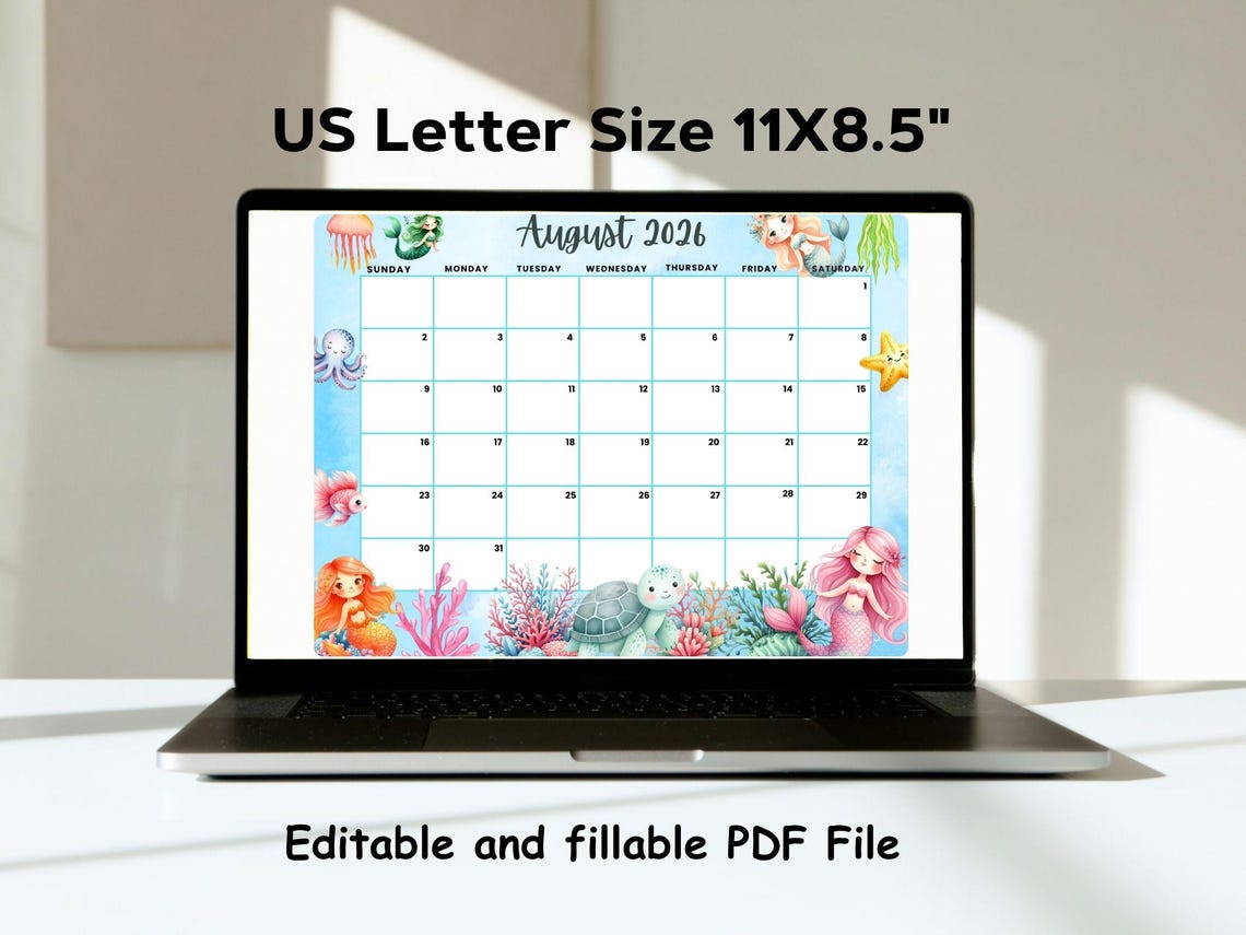 Editable August 2026 Calendar, Amazing Summer With Charming Mermaids ...