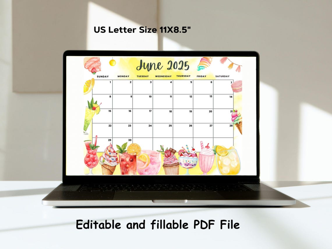 Editable June 2025 Calendar, Cute Colorful Summer Planner With Drinks ...