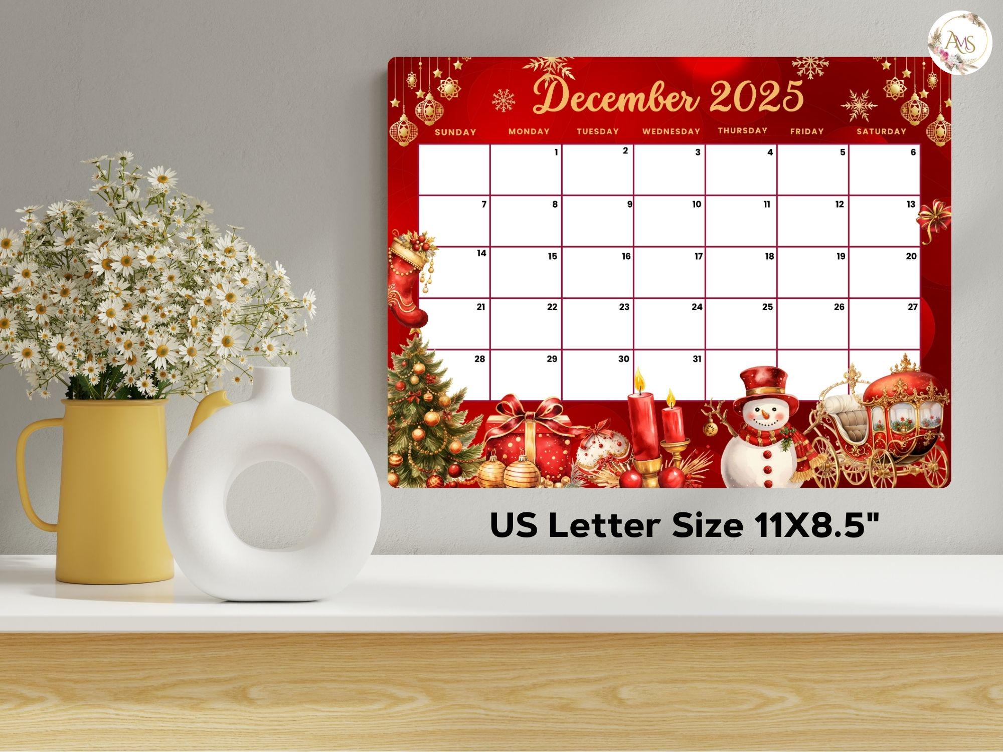 EDITABLE December 2025 Red Golden Christmas Calendar With Snowman, Tree ...