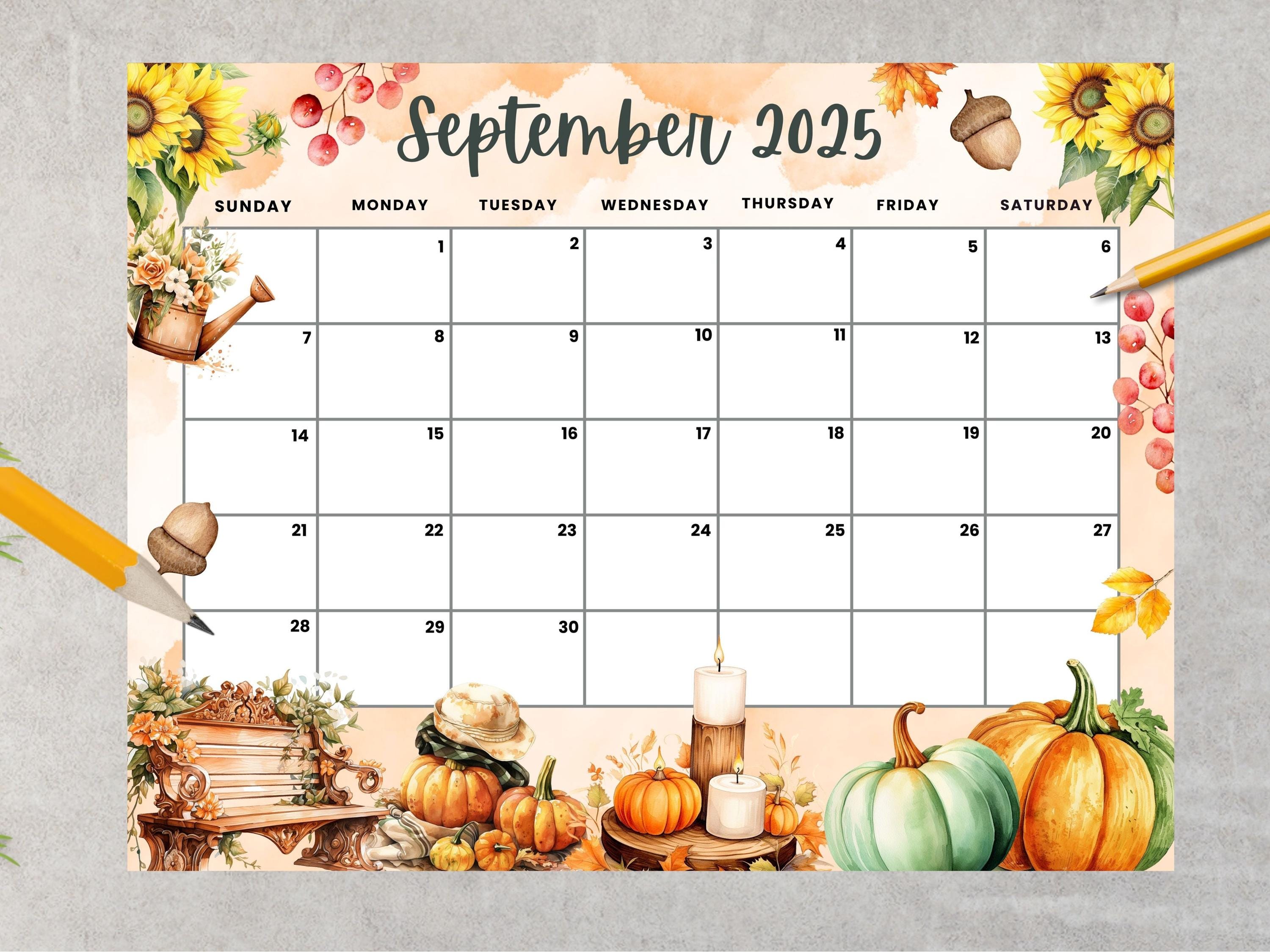 Editable September 2025 Calendar, Autumn Fall Theme Monthly Printable ...