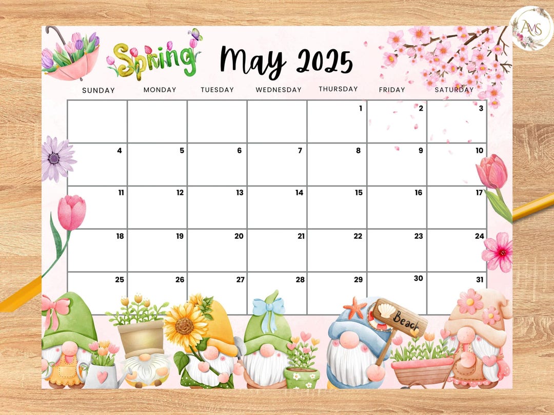 Editable May 2025 Calendar,spring Flowers With Cute Gnomes Planner ...