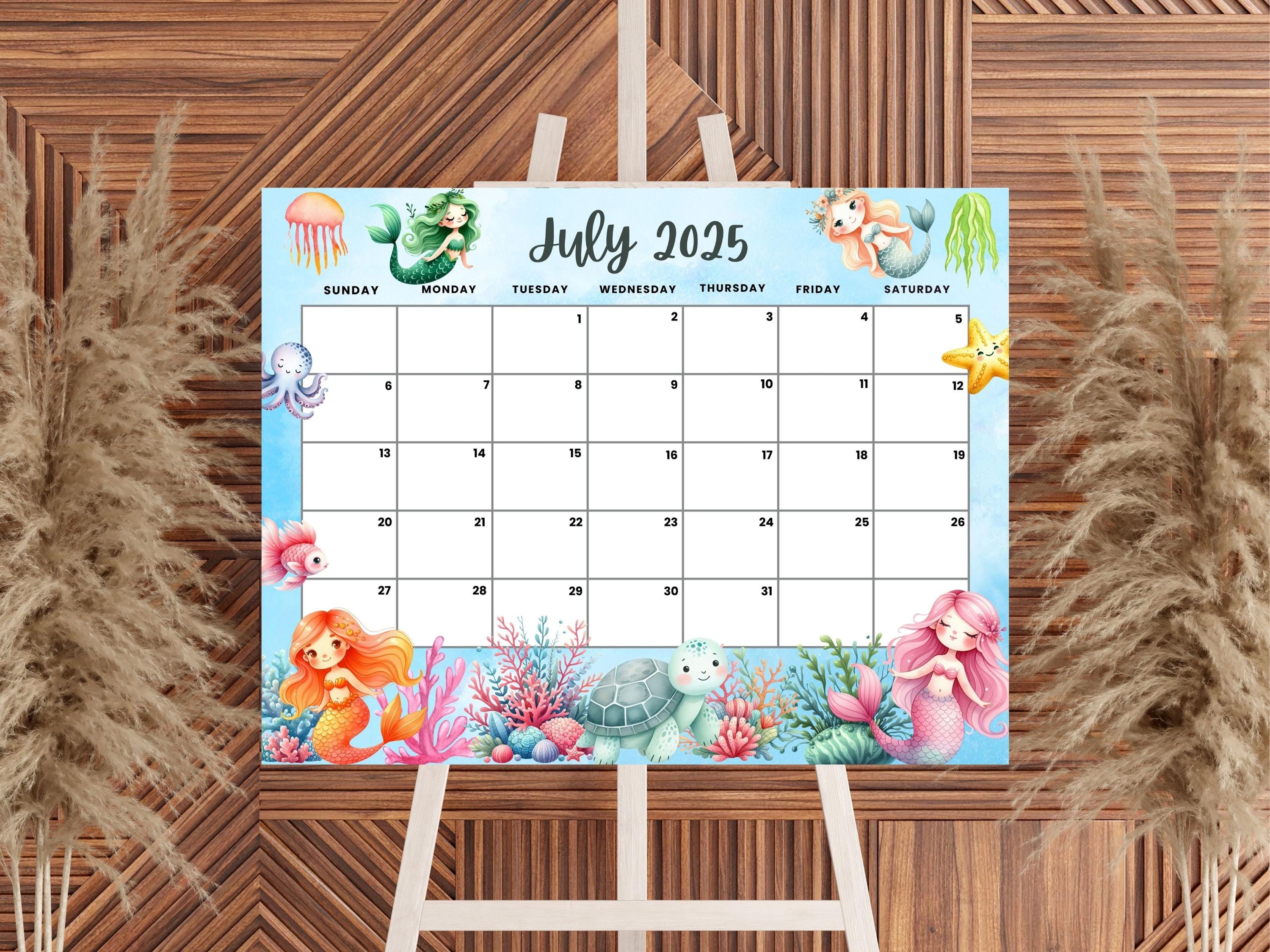 Editable July 2025 Calendar, Amazing Summer With Charming Mermaids ...