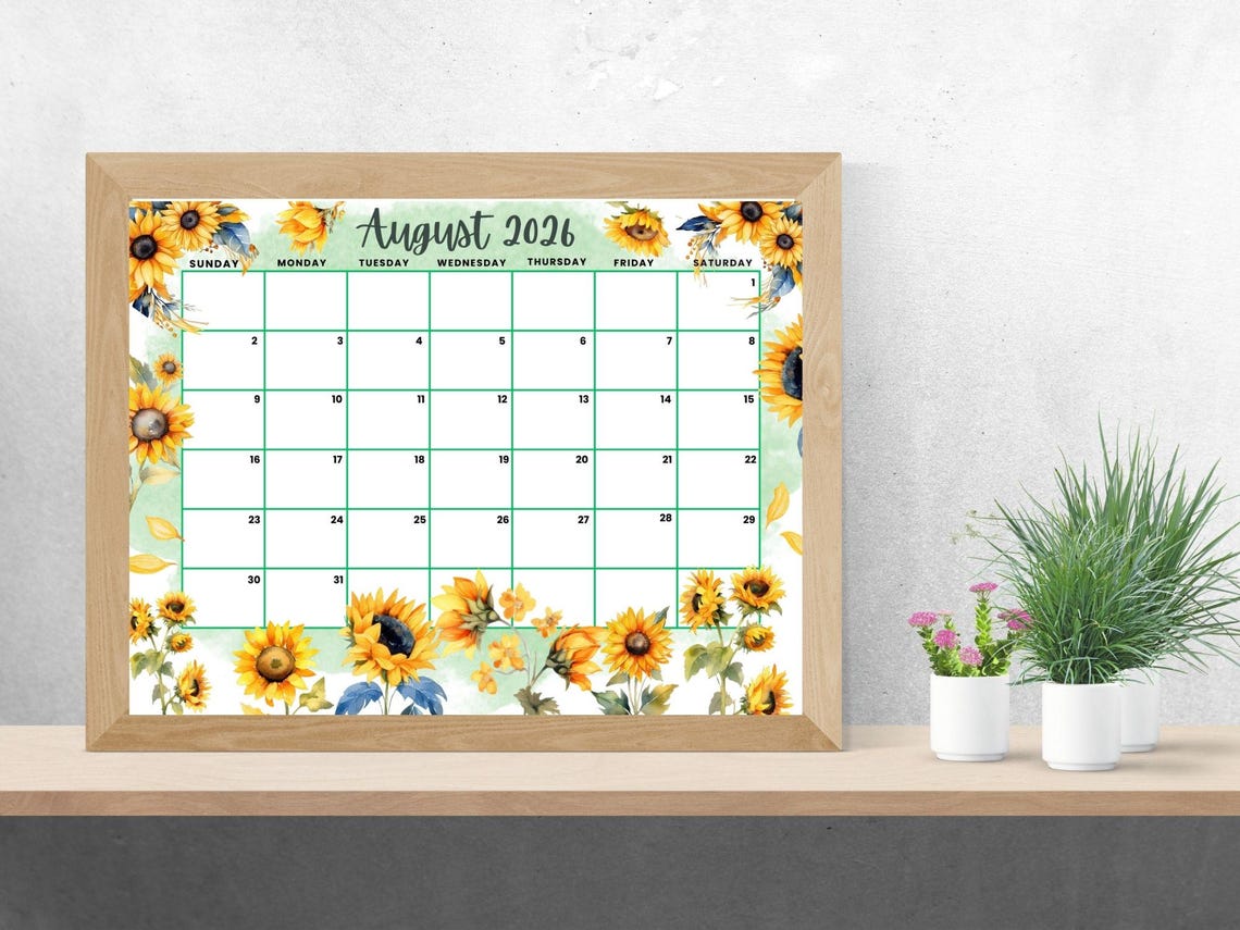 Editable August 2026 Calendar, Beautiful Sunflower Summer Planner ...