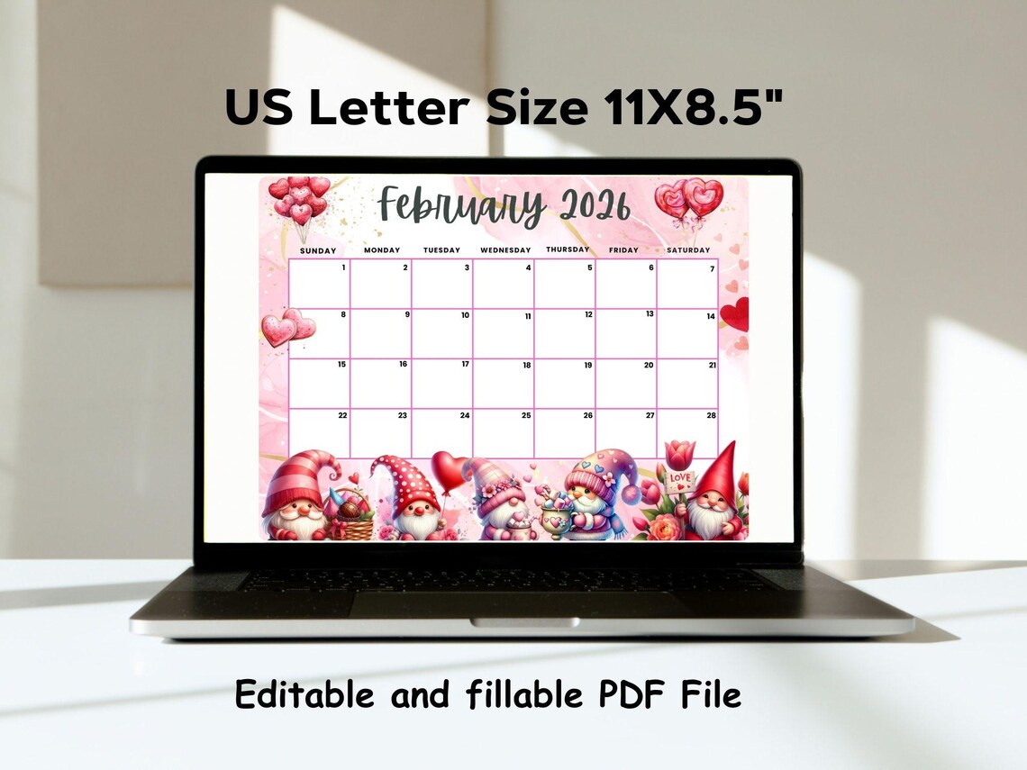 EDITABLE Fillable February 2026 Calendar, Valentine With Cute Gnomes ...