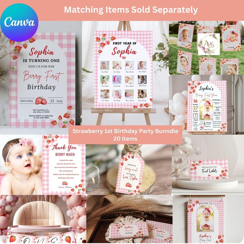 Editable Pink Gingham Berry First Happy Birthday Banner, Strawberry ...