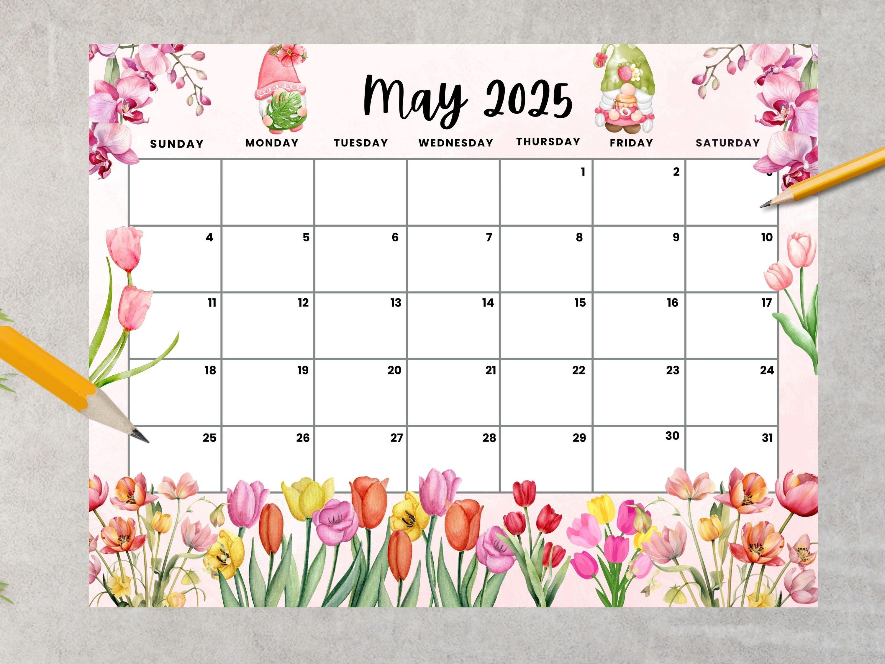 Editable May 2025 Calendar, Hello Spring Tulip Flowers Planner ...