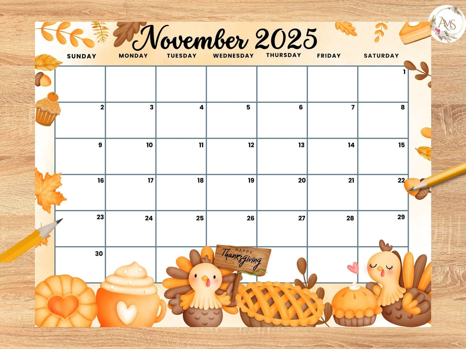 EDITABLE November 2025 Calendar, Happy Thanksgiving Planner With Turkey ...