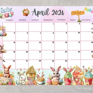 Editable April 2026 Easter Bunny Calendar, Printable Planner (PDF & JPG ...