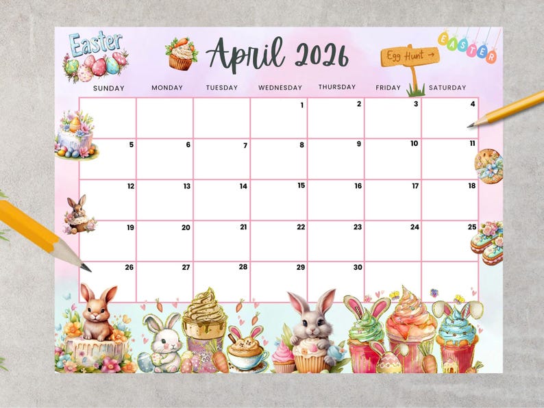 Editable April 2026 Easter Bunny Calendar, Printable Planner (PDF & JPG ...