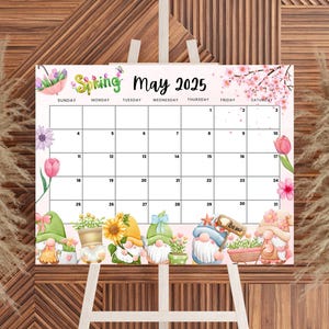 Editable May 2025 Calendar,spring Flowers With Cute Gnomes Planner ...