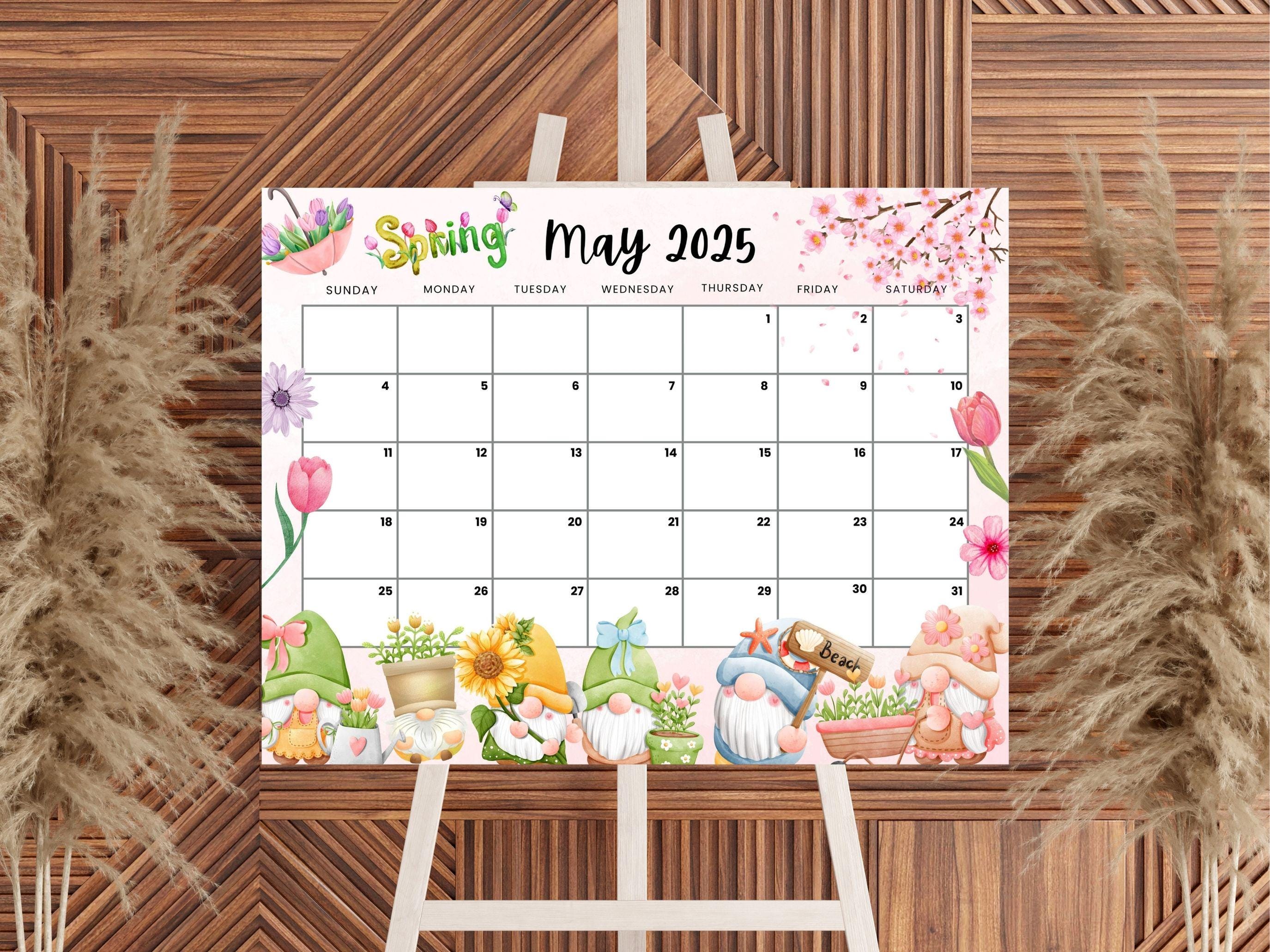 Editable May 2025 Calendar,spring Flowers With Cute Gnomes Planner ...