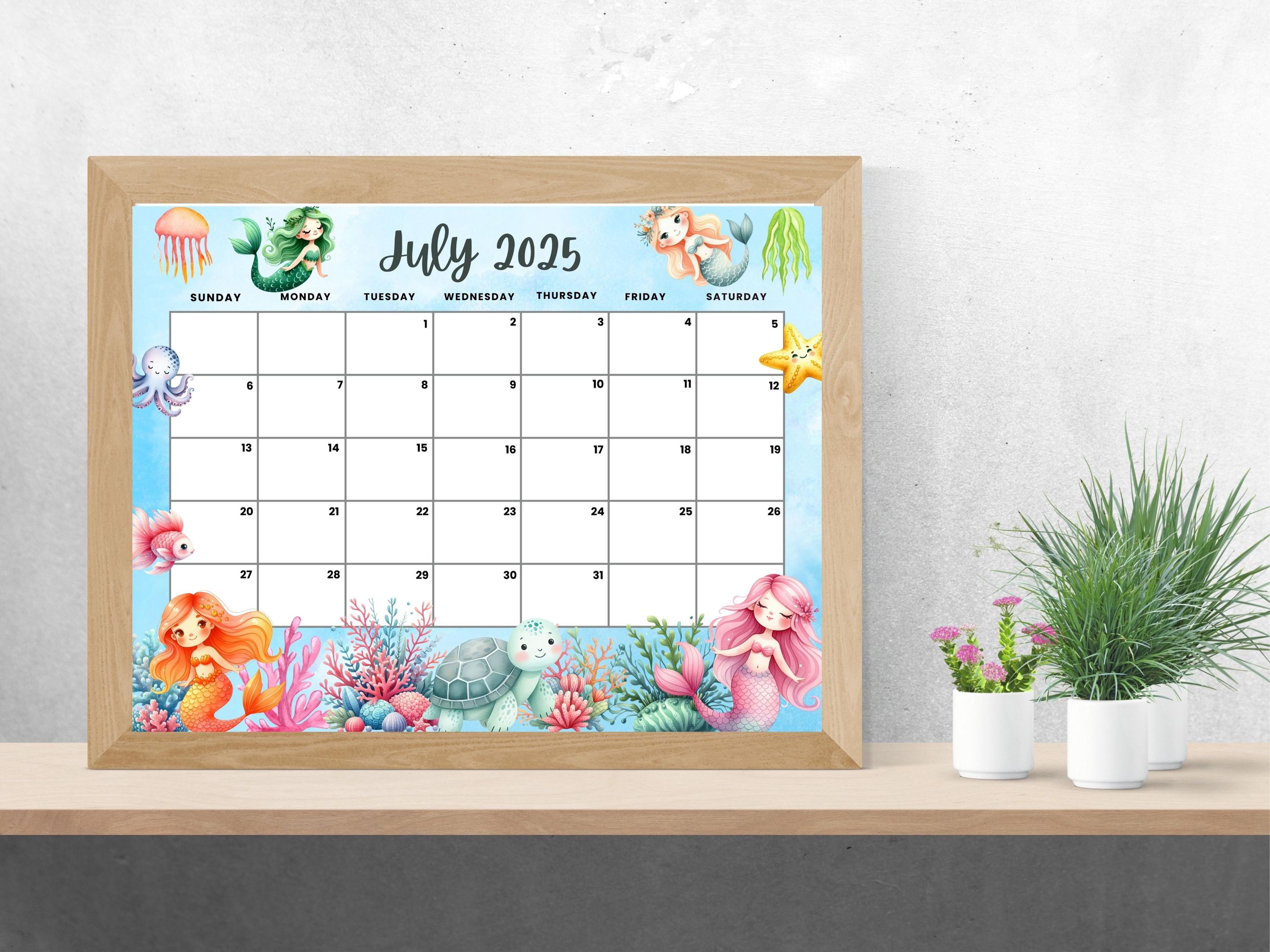 Editable July 2025 Calendar, Amazing Summer With Charming Mermaids ...