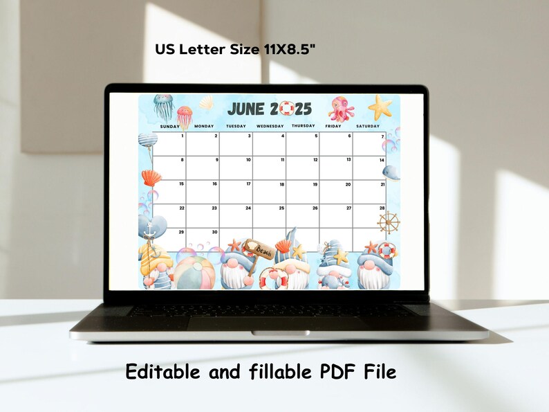 Editable June 2025 Calendar, Nautical Beach Gnome Theme Ocean Summer ...