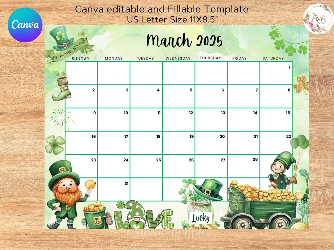 EDITABLE fillable March 2025 Calendar, St. Patrick's Day Cute Gnome ...